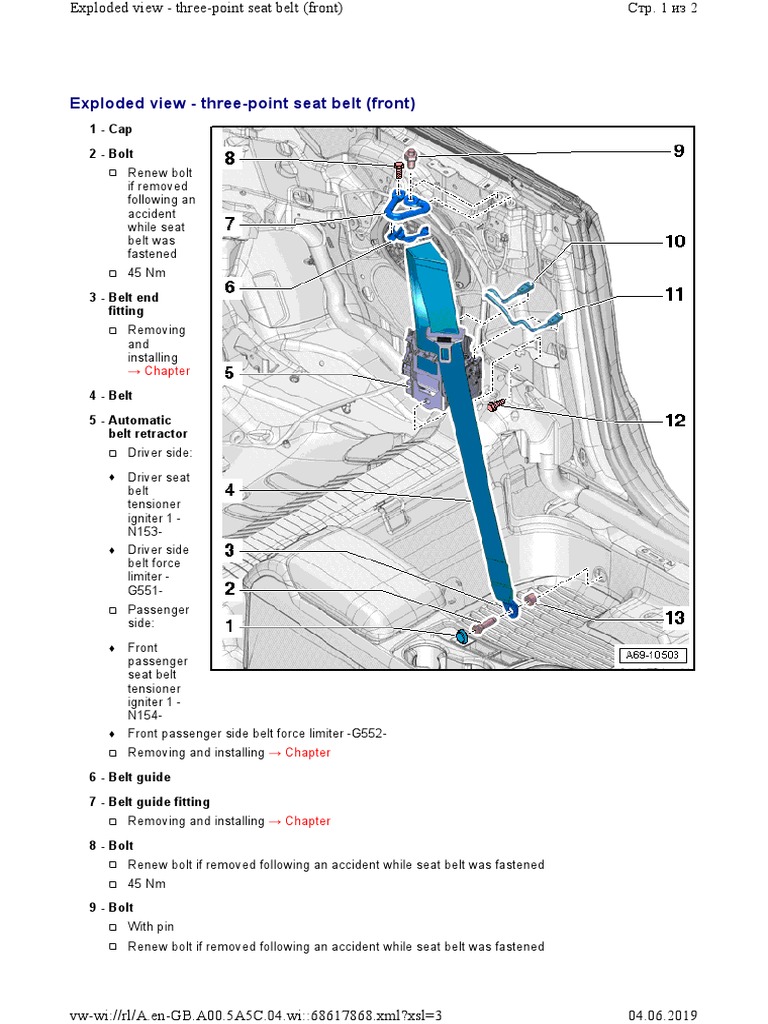 Exploded View - Three-Point Seat Belt (Front) : 1 - Cap 2 - Bolt | PDF