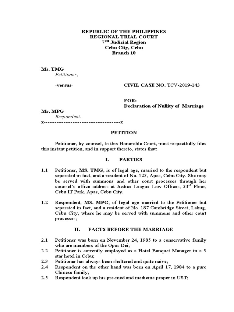 Petition For Annulment | PDF | Infidelity | Marriage