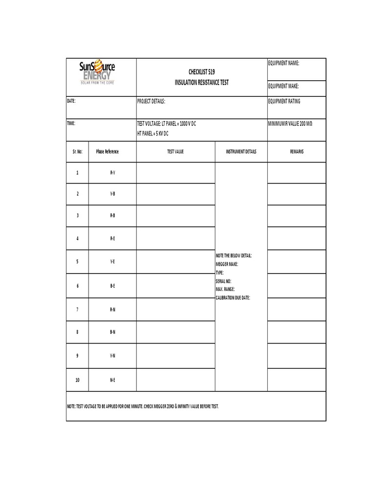 Checklist 519 Insulation Resistance Test: Equipment Name | PDF | Power ...