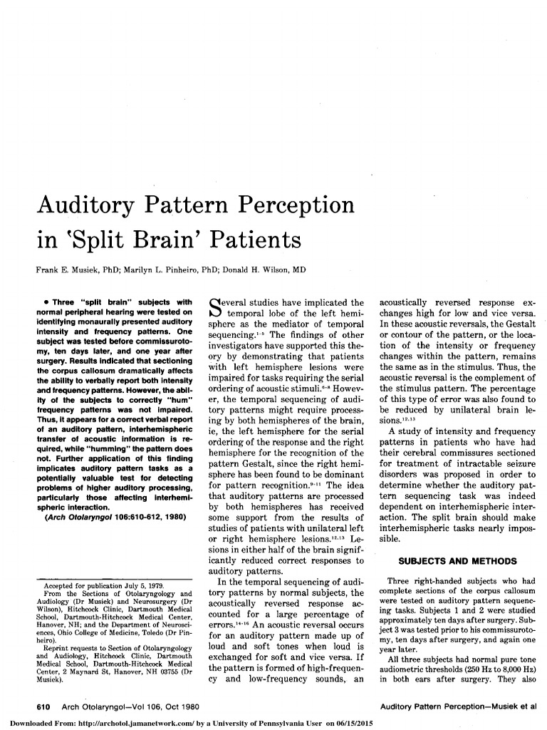Auditory Pattern Perception in 'Split Brain' Patients | PDF ...