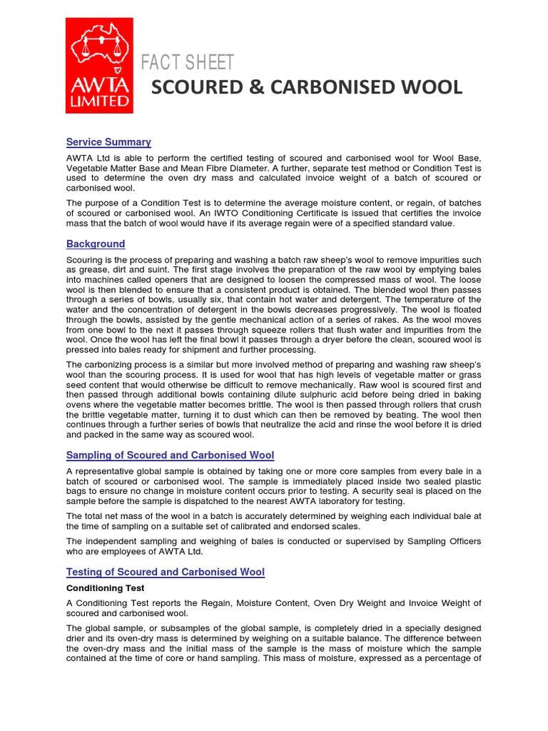 Fact Sheet - Scoured & Carbonised Wool PDF | PDF | Wool Bale | Wool