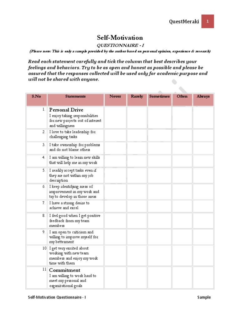 Self Motivation Questionnaire I | PDF | Goal | Social Psychology