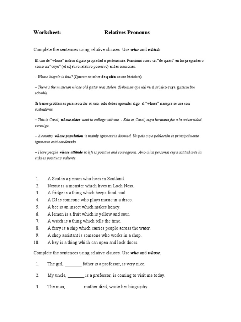 Worksheet On Relative Pronouns 1 | PDF