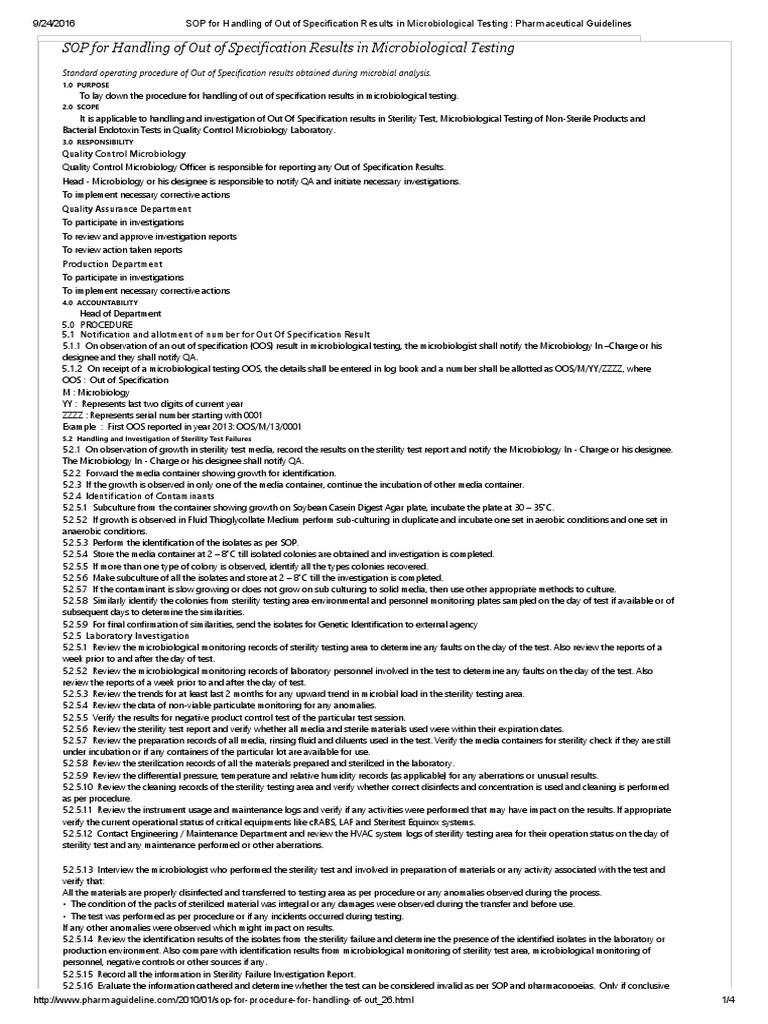 SOP For Handling of Out of Specification Results in Microbiological ...