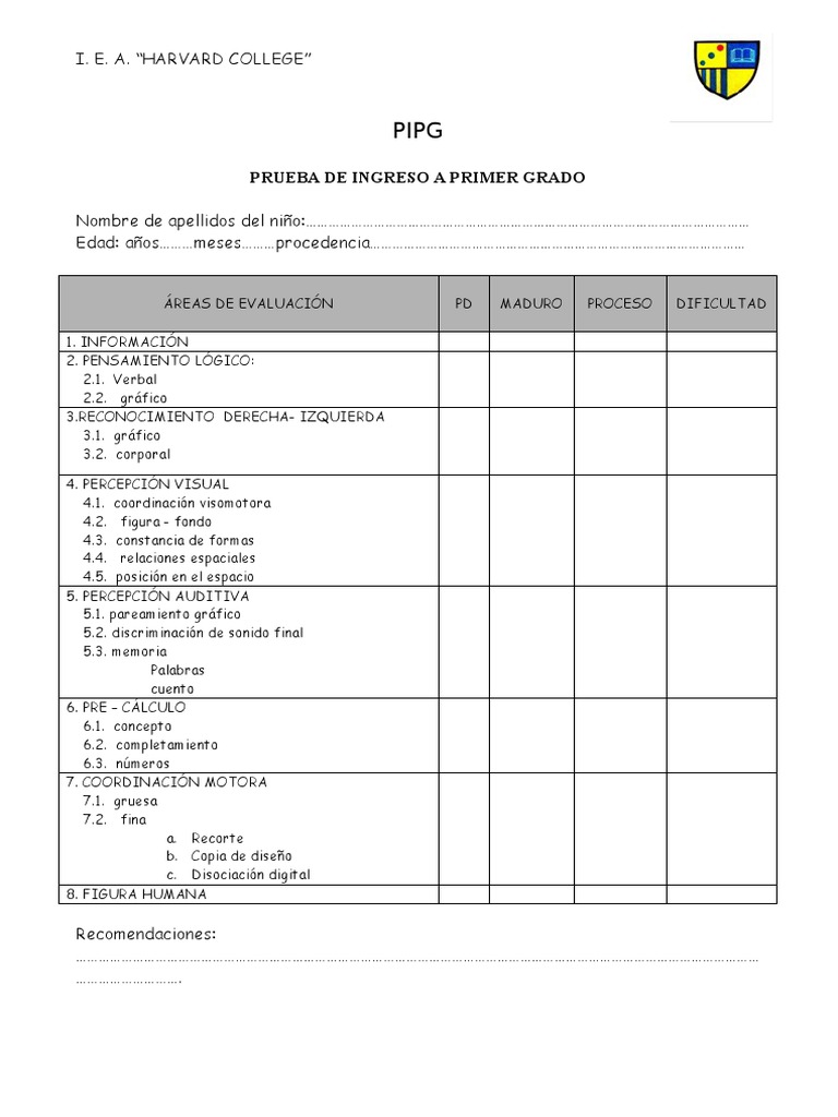 PIPG Prueba de Ingreso A 1° Grado | PDF