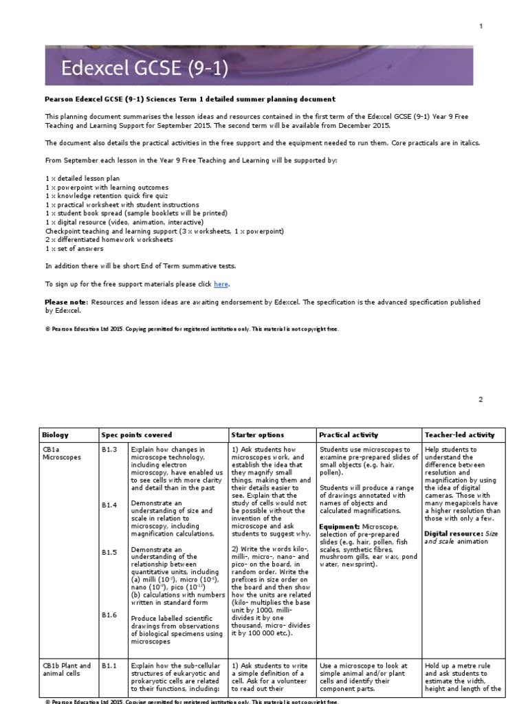 Pearson Edexcel GCSE (9-1) Sciences Term 1 Detailed Summer Planning ...