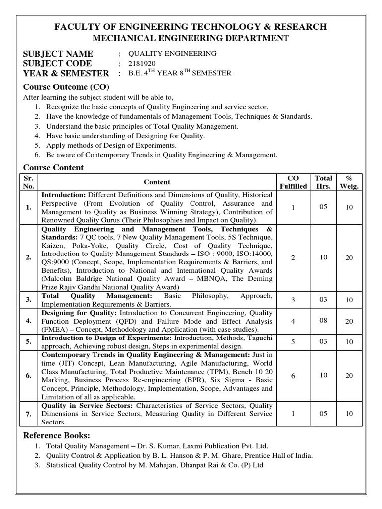 Faculty of Engineering Technology & Research | PDF | Quality Management ...