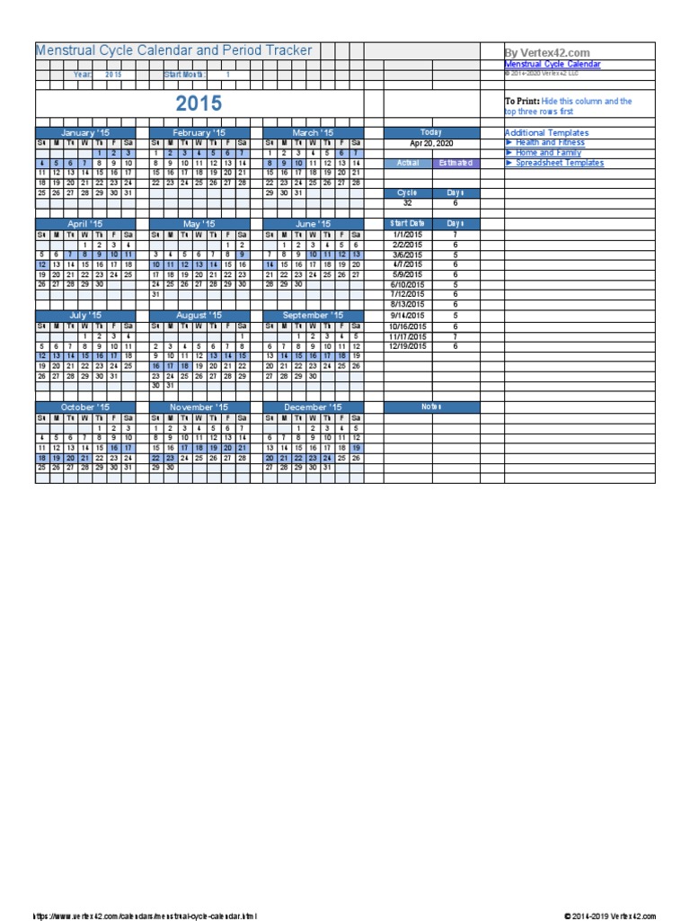 Menstrual Cycle Calendar | PDF | Worksheet | Spreadsheet