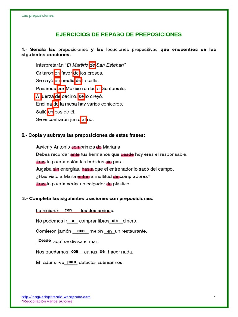 Preposiciones Taller 9 | PDF