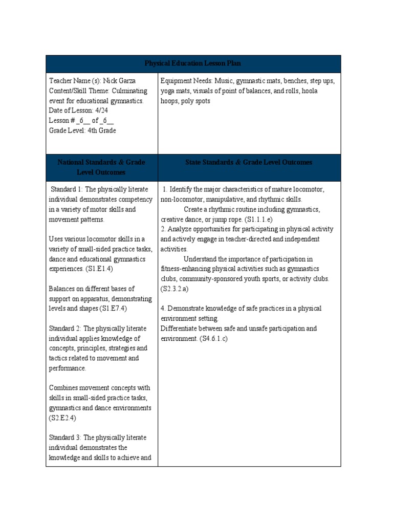 Gymnastics Lesson Plan 3 6 of 6 | PDF | Gymnastics | Lesson Plan
