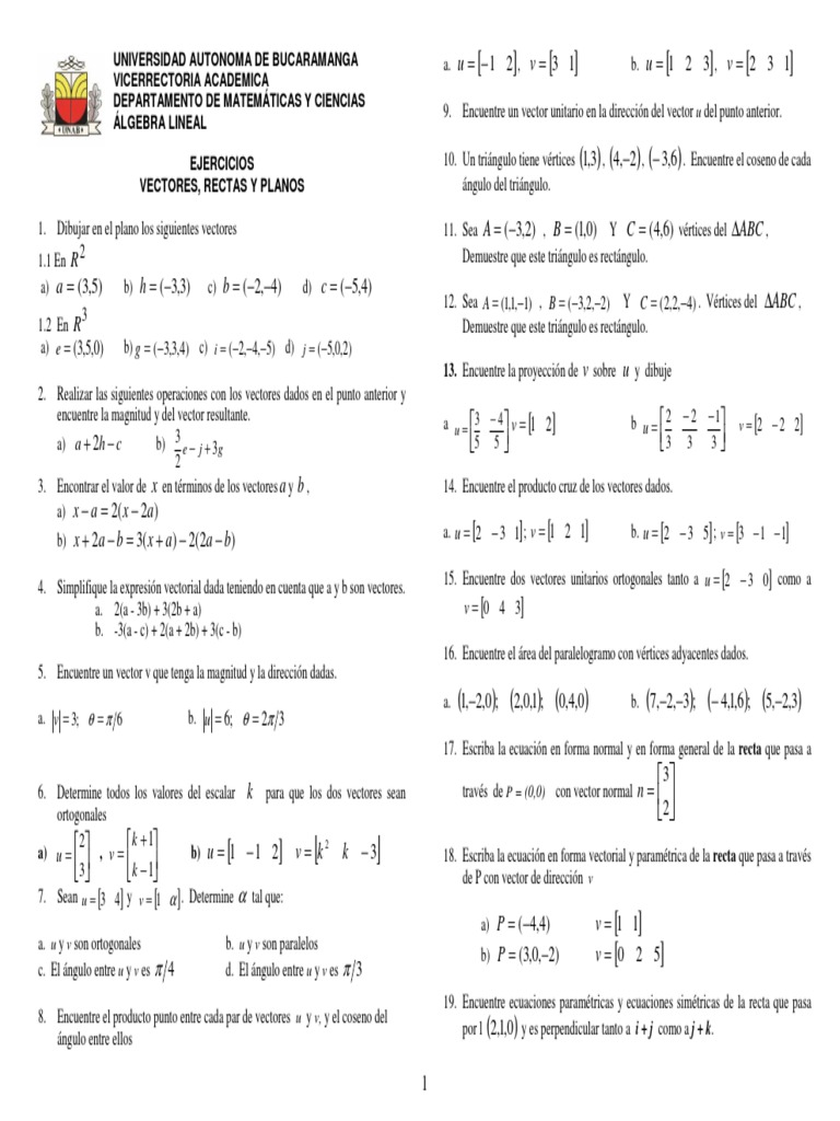 Ejercicios de vectores, rectas y planos en R2 y R3 | PDF | Vector ...