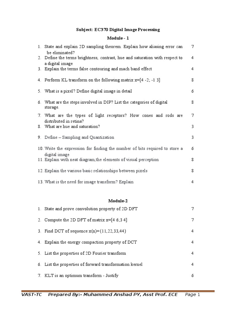 Subject: EC370 Digital Image Processing Module - 1: VAST-TC Prepared By:-Muhammed Anshad PY ...
