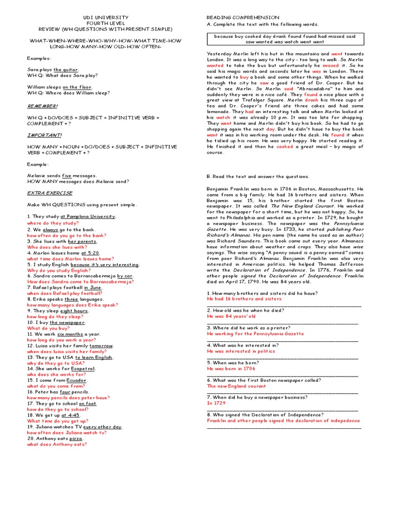 WH Questions With Present Simple Fourth Level | PDF | Benjamin Franklin ...