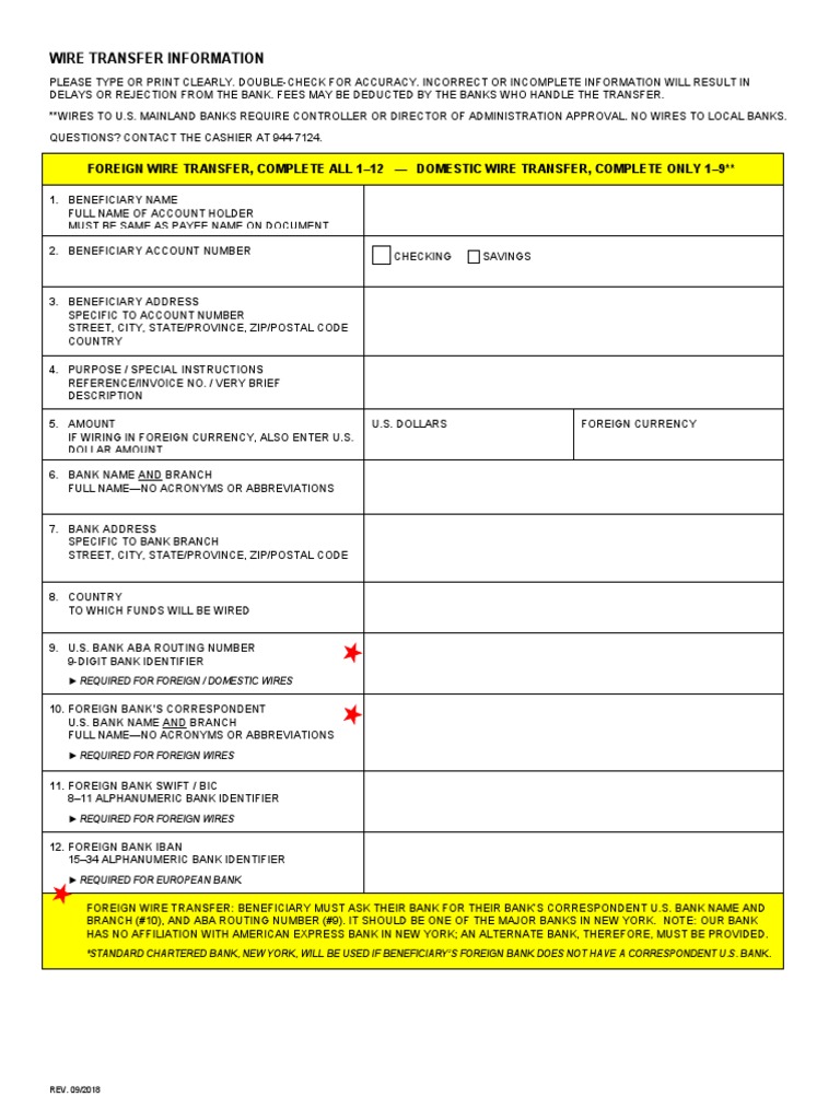 Wire Transfer Information: Foreign Wire Transfer, Complete All 1-12 ...