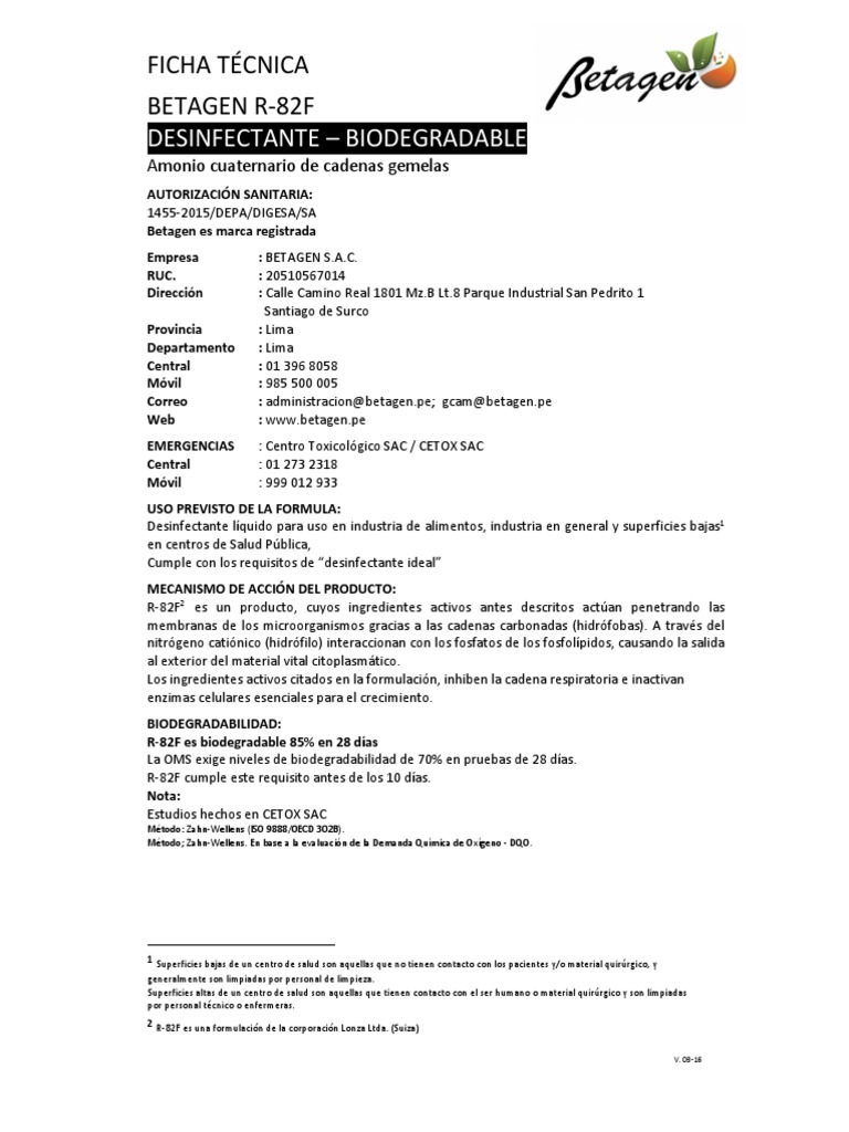 FT R-82F Ficha Técnica v3 PDF | PDF | Tensioactivo | Detergente