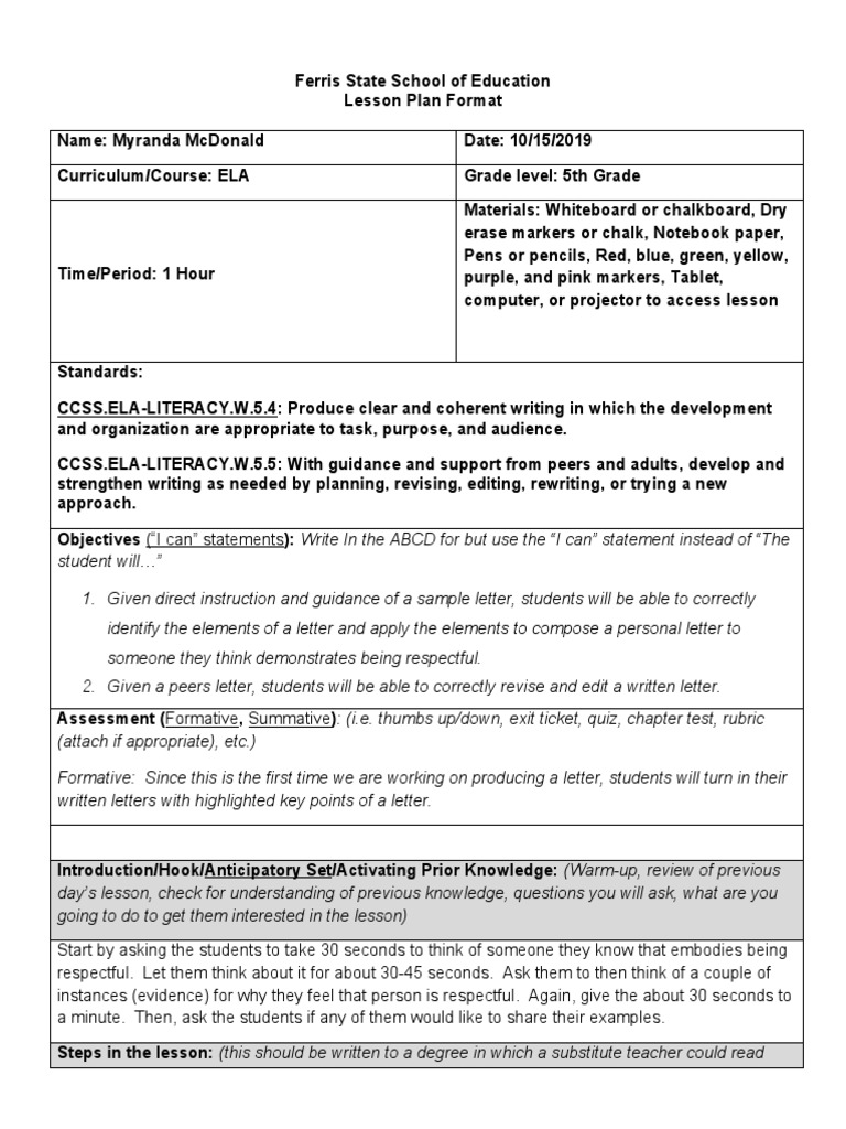 Writing A Letter Lesson Plan | PDF | Lesson Plan | Pedagogy