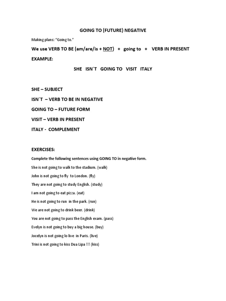 Complete The Following Sentences Using GOING TO in Negative Form | PDF ...