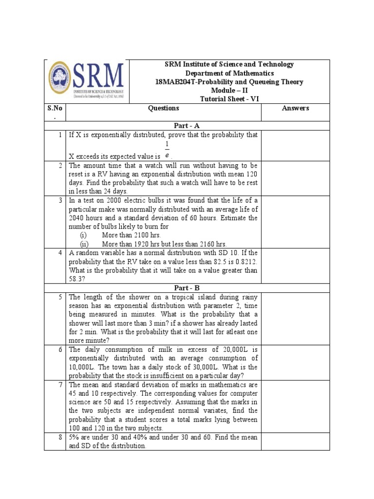 SRM Institute of Science and Technology Probability and Queueing Theory Tutorial Sheet | PDF ...