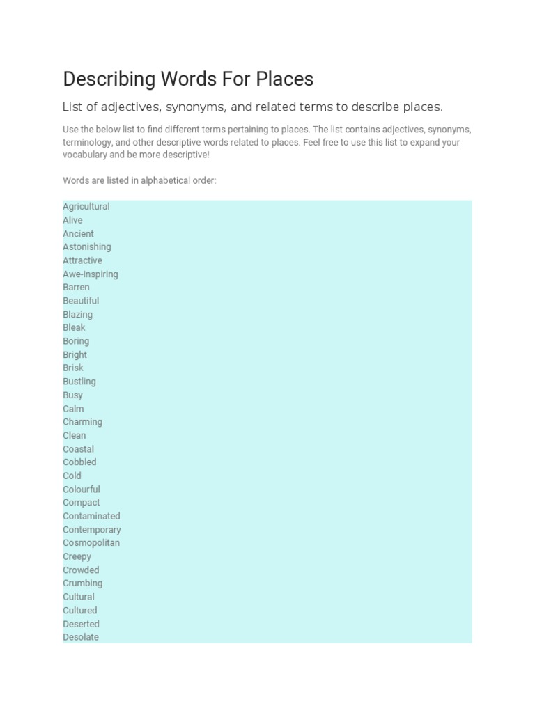 Describing Words For Places: List of Adjectives, Synonyms, and Related ...