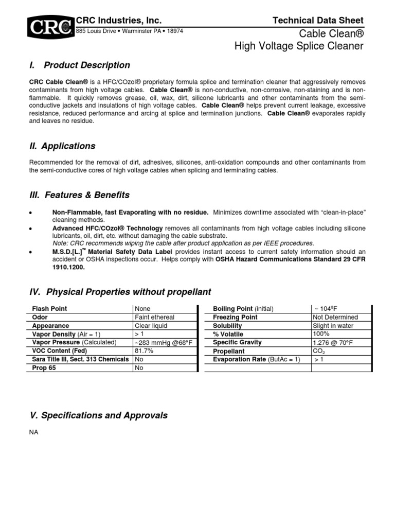 Technical Data - CRC Cable Clean | PDF | High Voltage | Silicone
