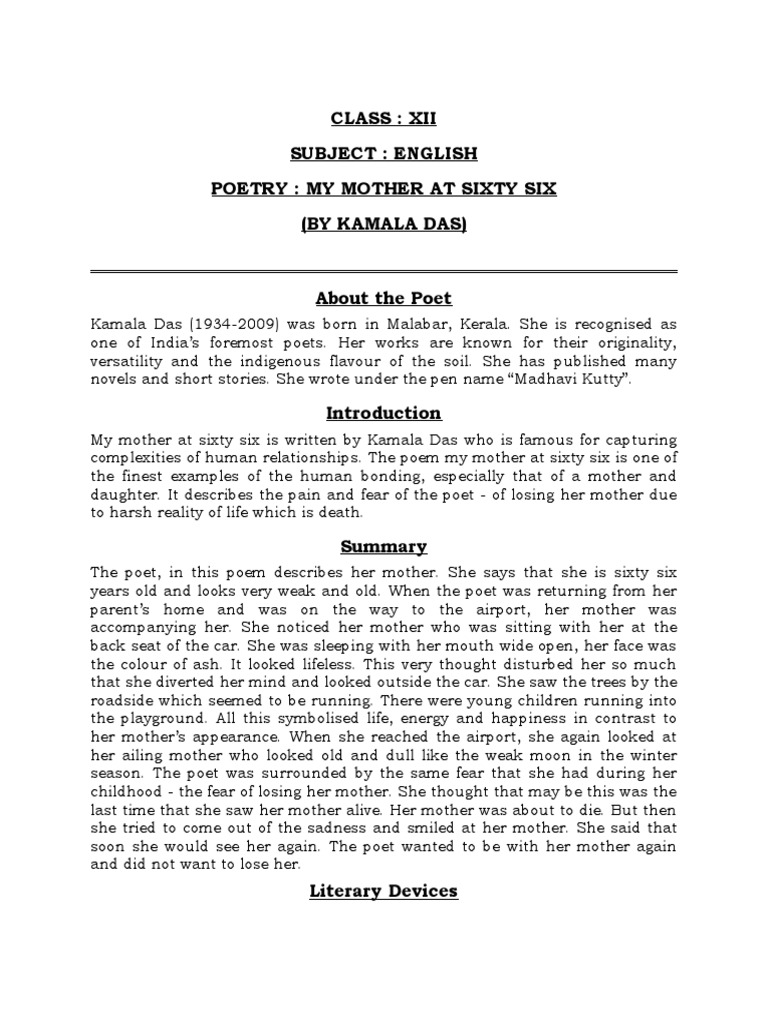 Class: Xii Subject: English Poetry: My Mother at Sixty Six (By Kamala ...
