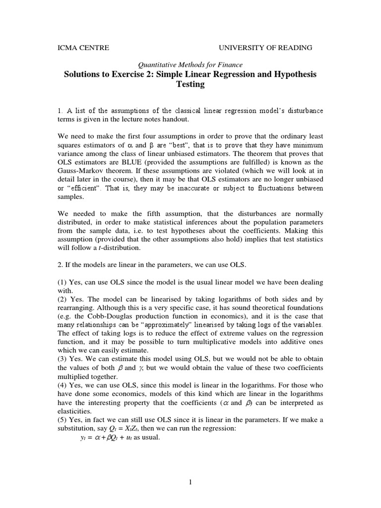 Solutions To Exercise 2: Simple Linear Regression and Hypothesis ...