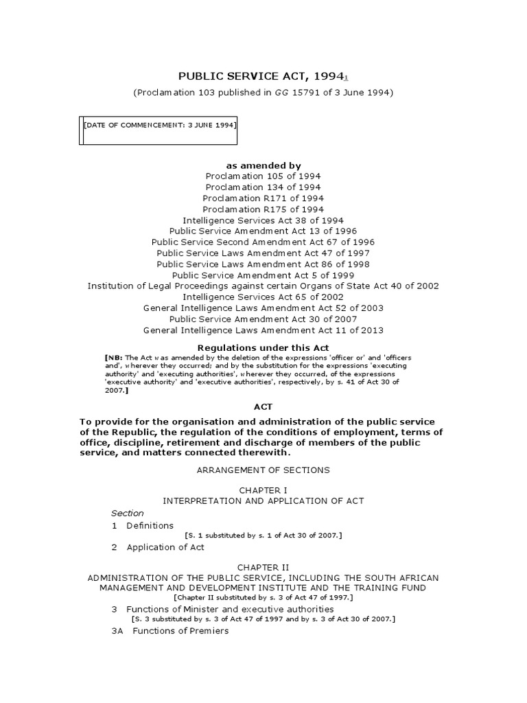 Public Service Act, 1994: (NB: The Act Was Amended by The Deletion of ...