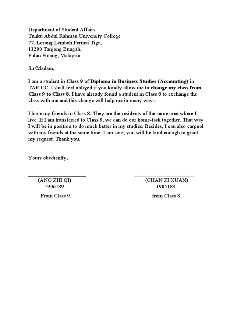 Letter of Changing Classes | PDF