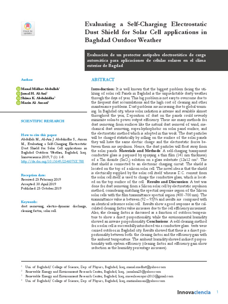 Evaluating A Self-Charging Electrostatic Dust Shield For Solar Cell ...