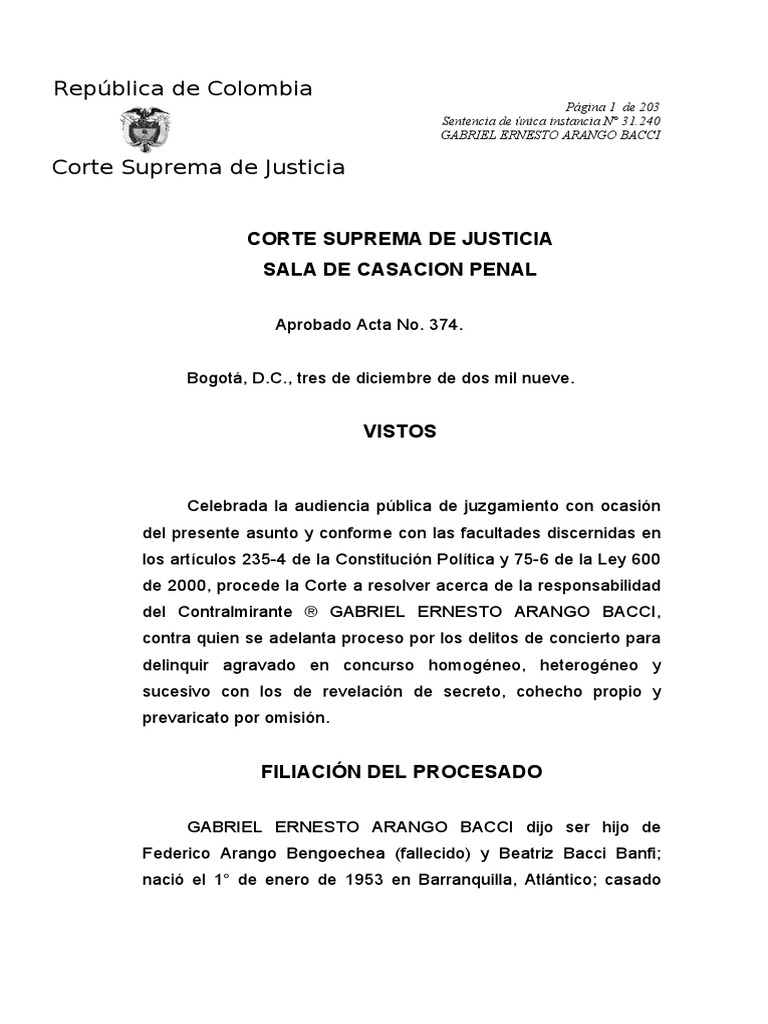Sentencia Absolutoria Almirante Gabriel Arango Bacci | PDF | Huella ...