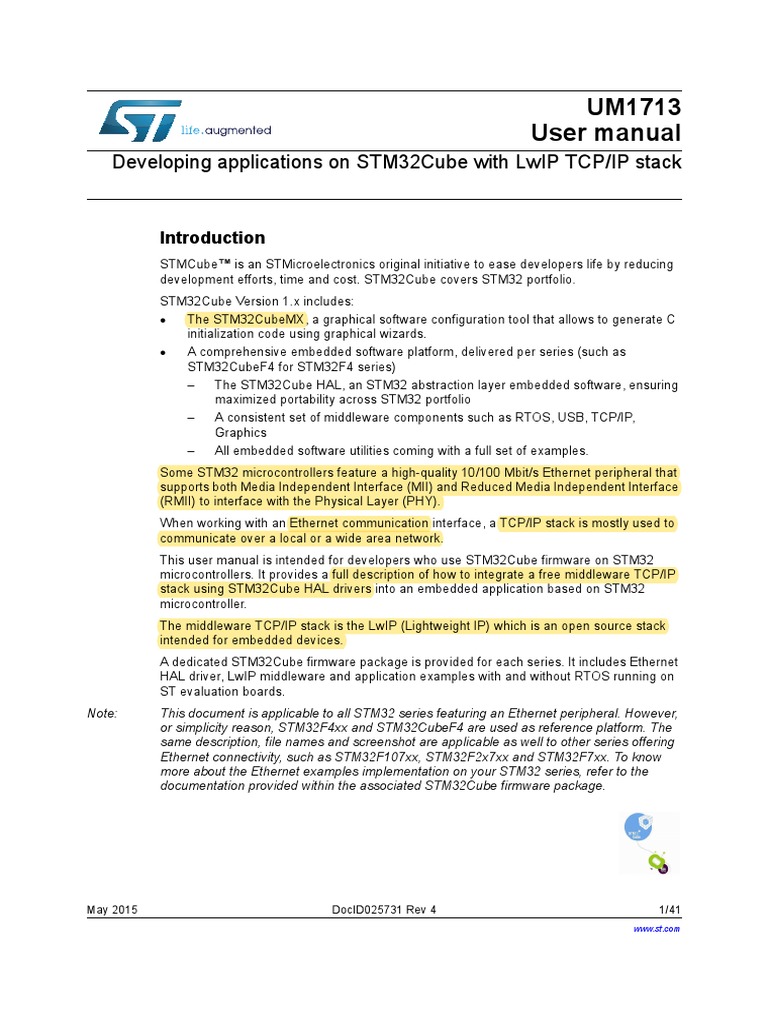 Um1713 User Manual: Developing Applications On Stm32Cube With Lwip Tcp/Ip Stack | PDF ...