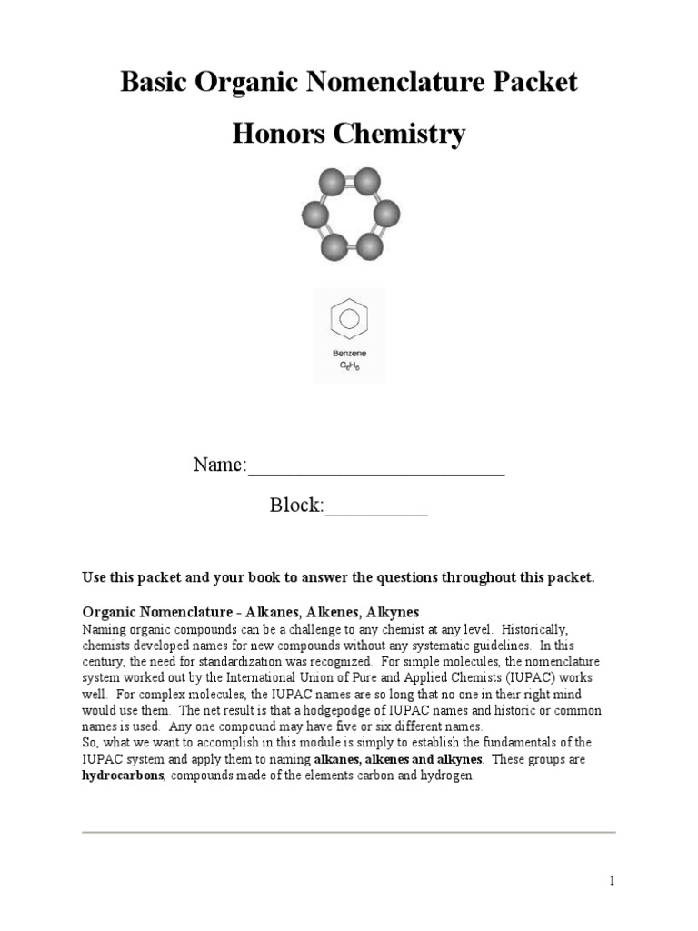 Basic Organic Nomenclature Packet Honors Chemistry: Name: - Block | PDF ...