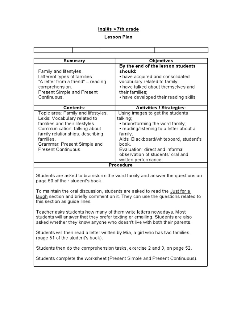 Inglês 7th Grade Lesson Plan | PDF