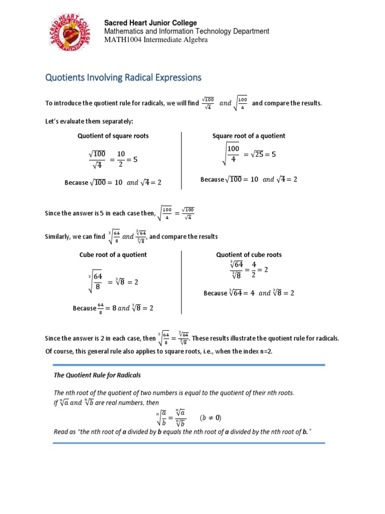 Quotients Involving Radical Expressions: MATH1004 Intermediate Algebra ...