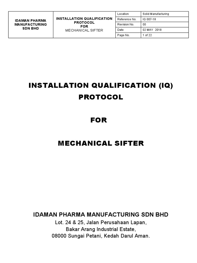 Installation Qualification (Iq) Protocol FOR Mechanical Sifter | Download Free PDF ...