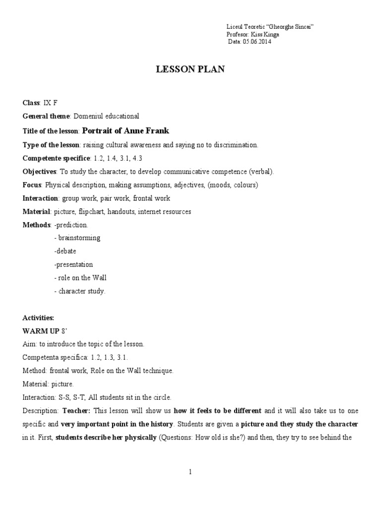 Anne Frank Lesson Plan | PDF | Diary | Lesson Plan