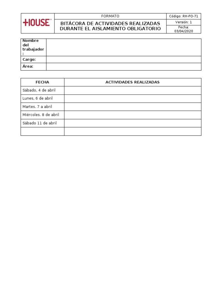 Bitácora Actividades Diarias | PDF