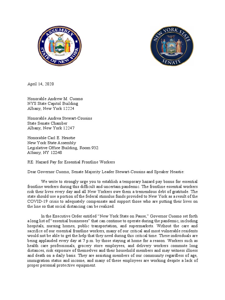Letter Advocating For Hazard Pay | PDF | The United States | Health Care