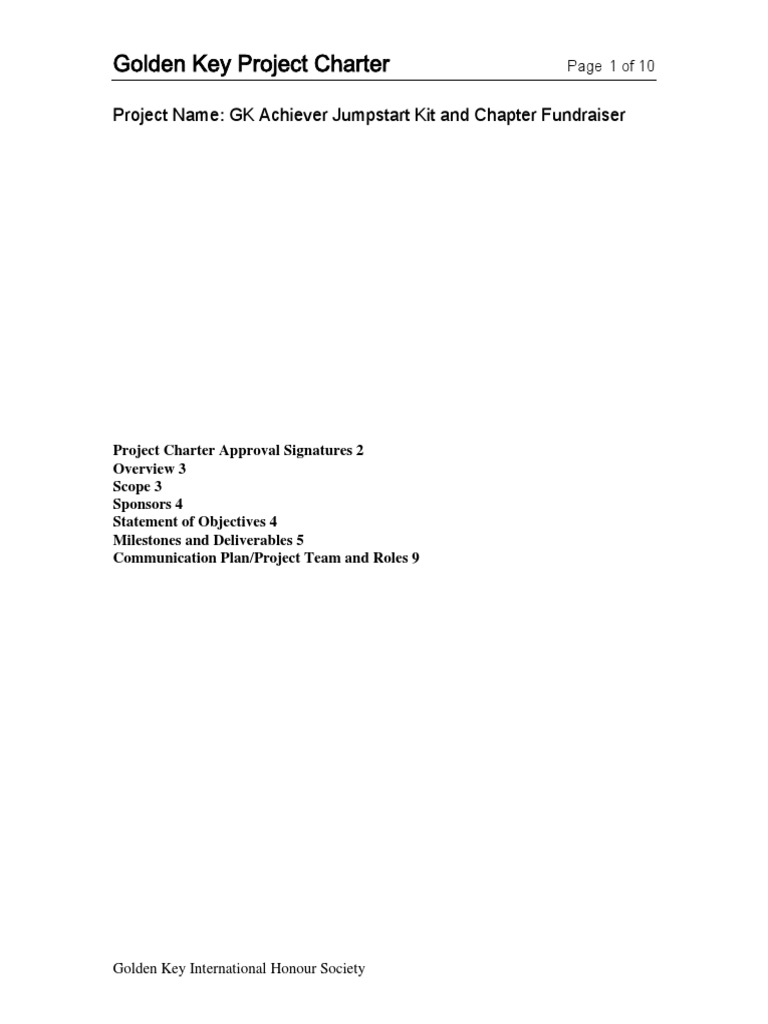 Golden Key Project Charter: Project Name: GK Achiever Jumpstart Kit and ...