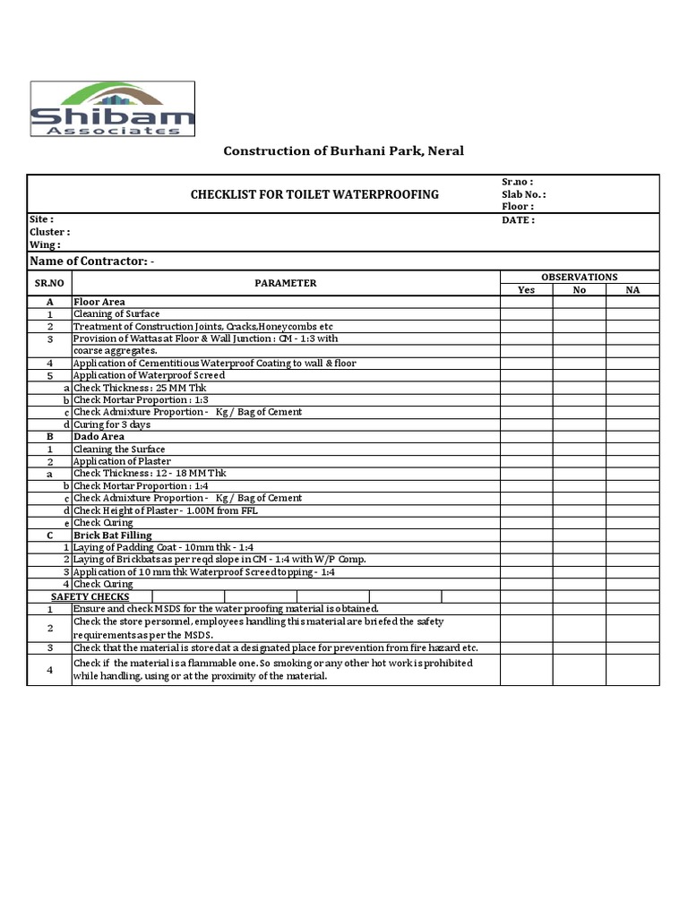 Checklist For Toilet Waterproofing | PDF | Mortar (Masonry) | Plaster