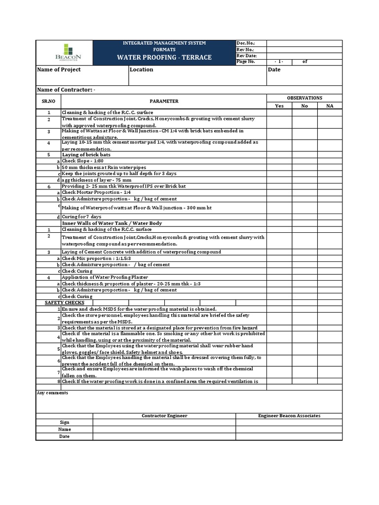 Checklist For Waterproofing - Terrace | Download Free PDF | Concrete ...