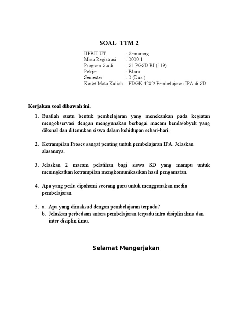 SOAL TTM 2 Pembelajaran IPA Di SD 2020.1 | PDF