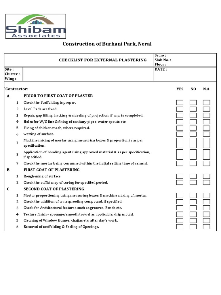 Checklist For External Plastering | PDF | Scaffolding | Building ...