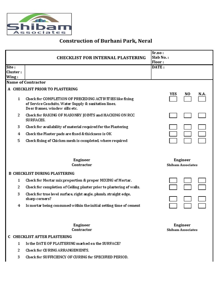 Checklist For Internal Plastering | PDF | Architectural Elements | Building Engineering