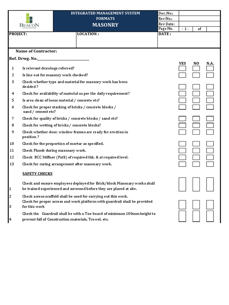 Quality Control Checklist for Masonry Works | PDF | Masonry | Brick