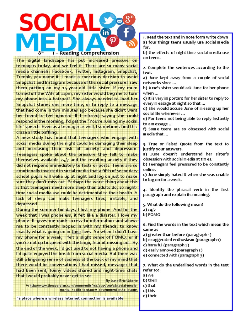 8 I - Reading Comprehension: For. On Teens | PDF | Social Media ...