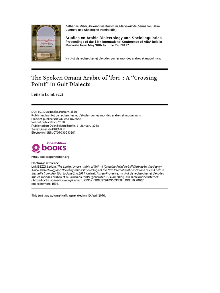The Spoken Omani Arabic of Ibr Ī: A "Crossing Point" in Gulf Dialects ...