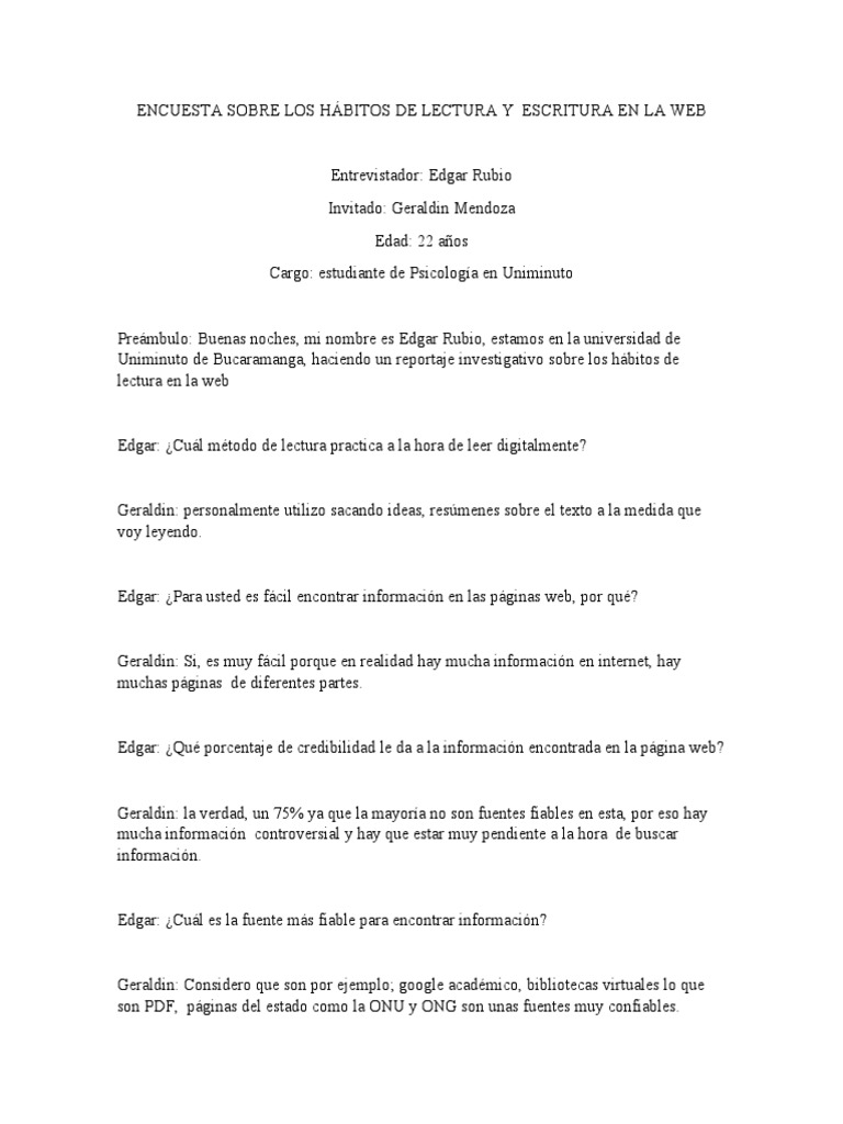 Encuesta Sobre Los Hábitos de Lectura y Escritura en La Web | PDF ...