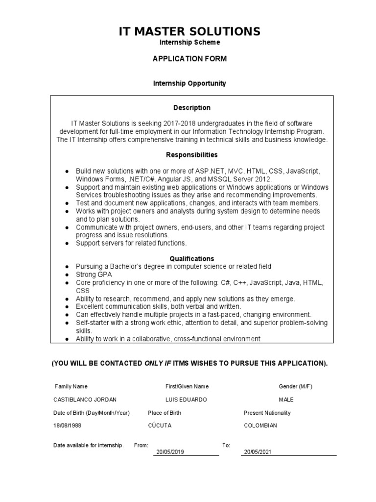 Formato-Internship Application Form | PDF | Java Script | Academic Degree