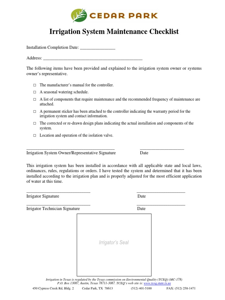 Irrigation System Checklist PDF | PDF | Irrigation | Fire Sprinkler System